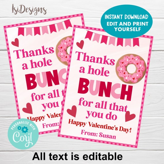 Hole Bunch Valentine's Day Gift Tag, Editable Donut Valentine Gift Tag ...