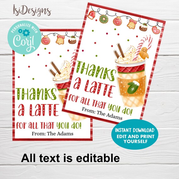 Christmas Appreciation Gift Tag, Thanks a Latte Holiday Gift Tags, Hot ...
