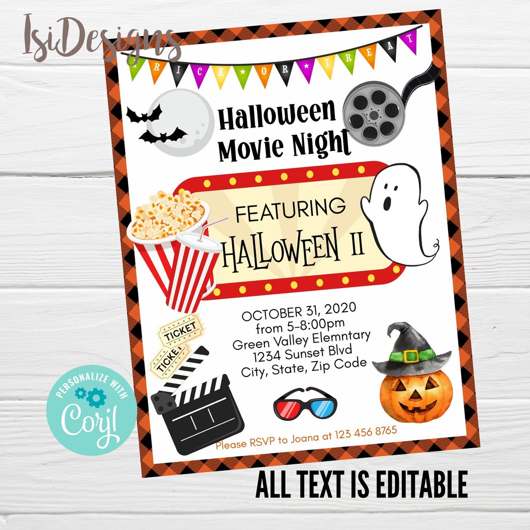 Halloween Movie Night Editable Flyer, PTA PTO Community Church ...