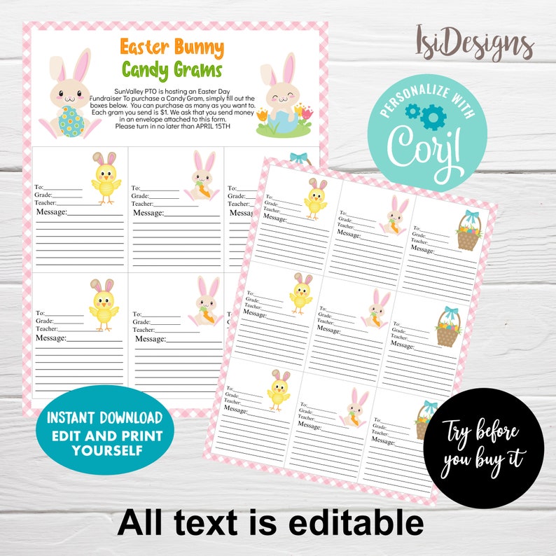 Editable Easter Bunny Candy Gram Flyer, PTO / PTA School Fundraiser ...