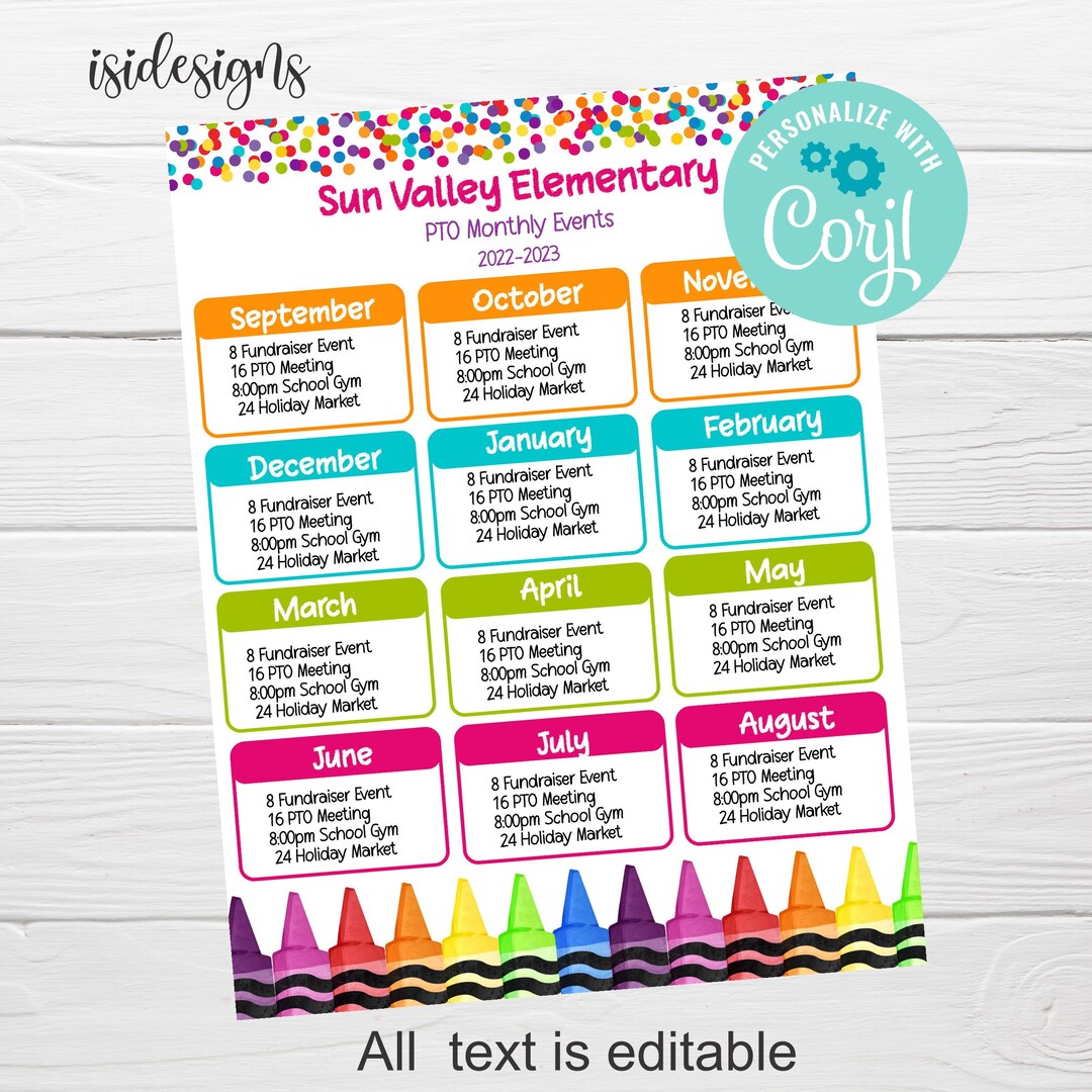 PTO PTA Monthly Events Calendar, Parent Volunteer Newsletter Seasonal Editable Calendar Flyer ...