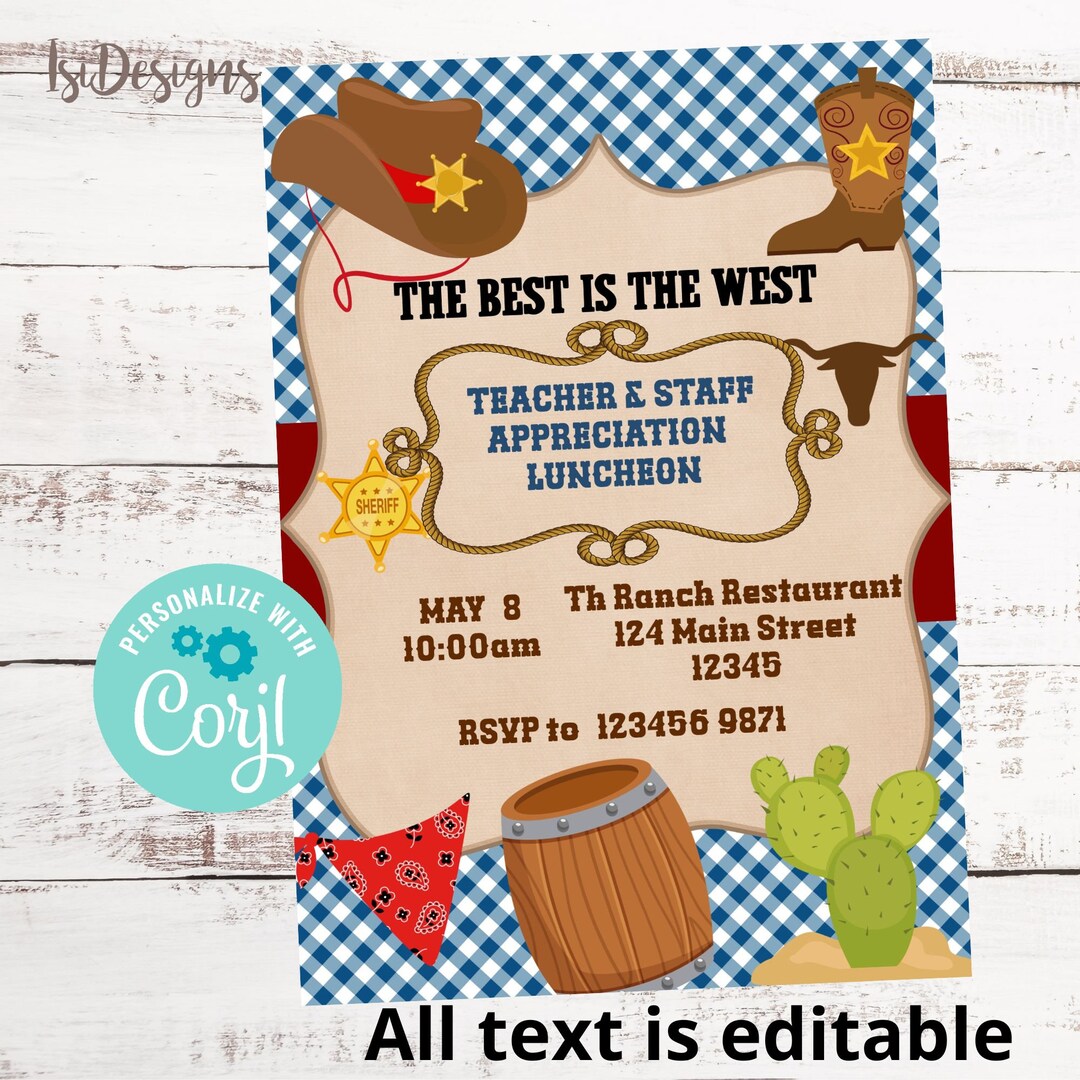 Western Theme Teacher Appreciation Week Luncheon Invitation, Wild West ...
