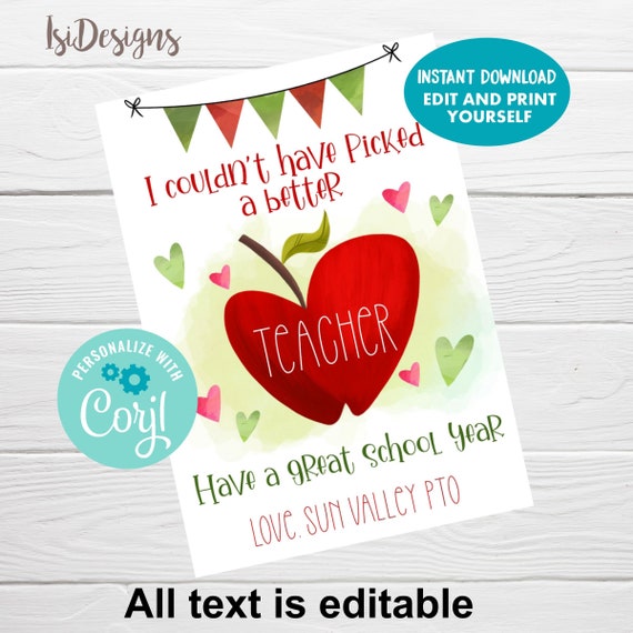 First day of School Gift Tags, I Couldn't Have Picked A Better Teacher ...