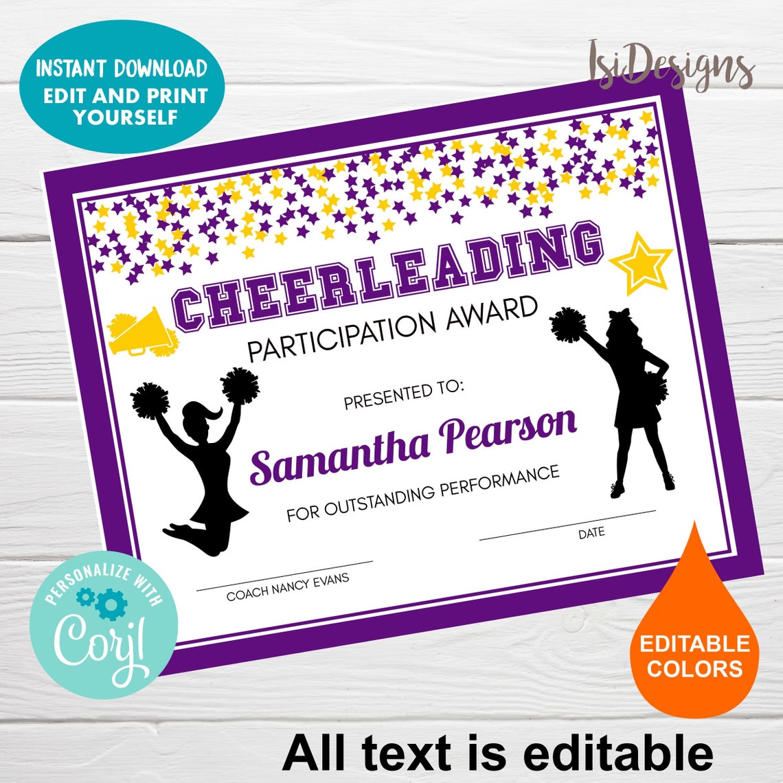 Editable Cheerleader Certificate, Cheerleading Award Template, Instant ...