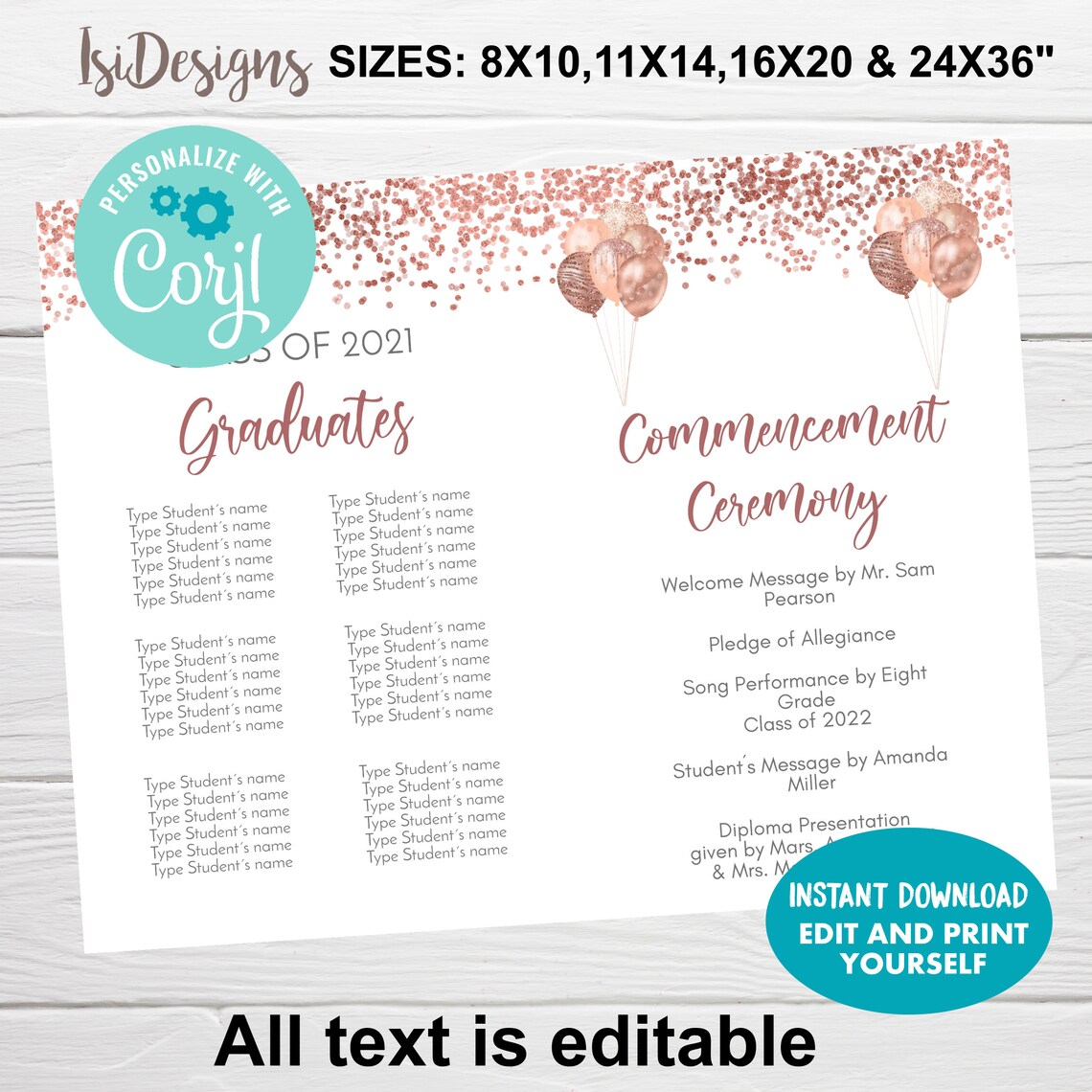 Rose Gold Graduation Ceremony Program Editable Template - Etsy