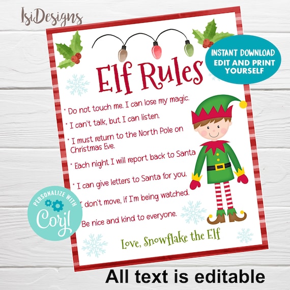 Elf Rules To Follow Editable Sing, Printable Elf Arrival Rules, Instant ...