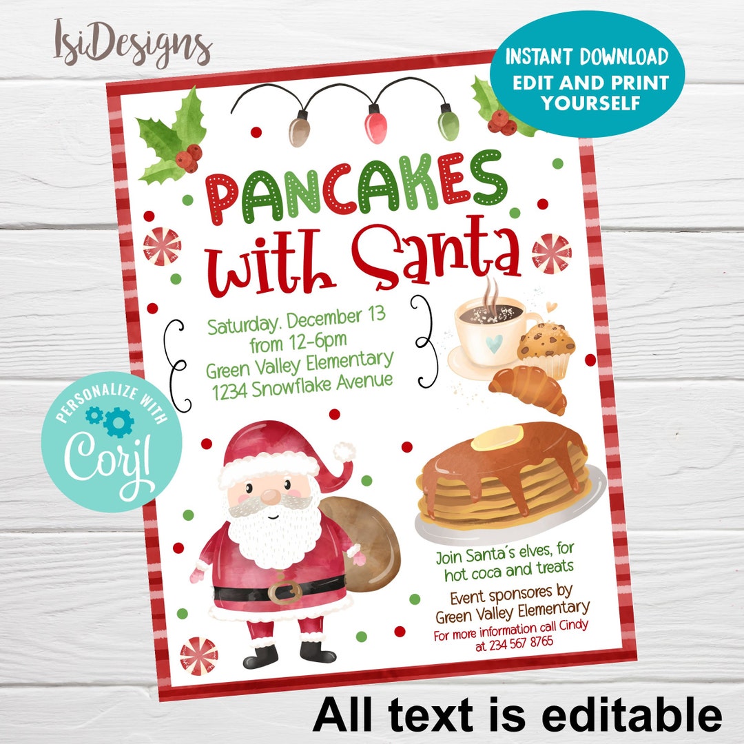 Christmas Pancakes With Santa Editable Flyer, Instant Download, Holiday ...
