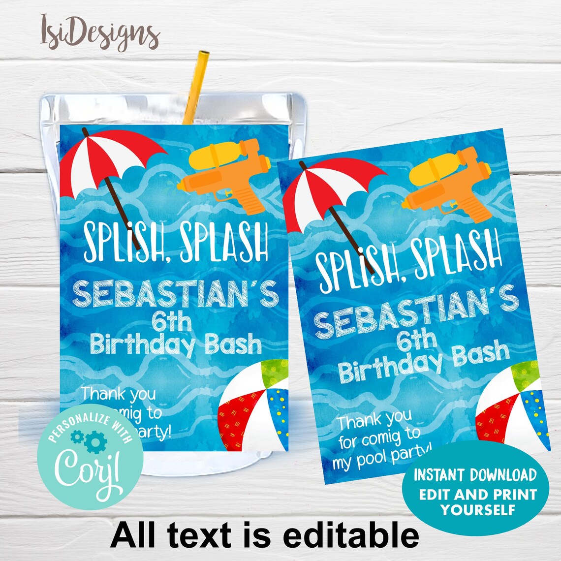 Pool Party Juice Bag Labels, Swimming Birthday Bash Editable Juice ...