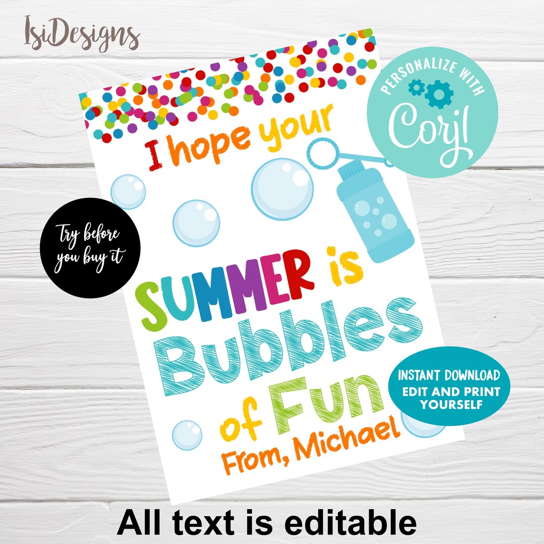 Last Day of School Gift Tags, Hope Your Summer is Bubbles of Fun, Pool ...