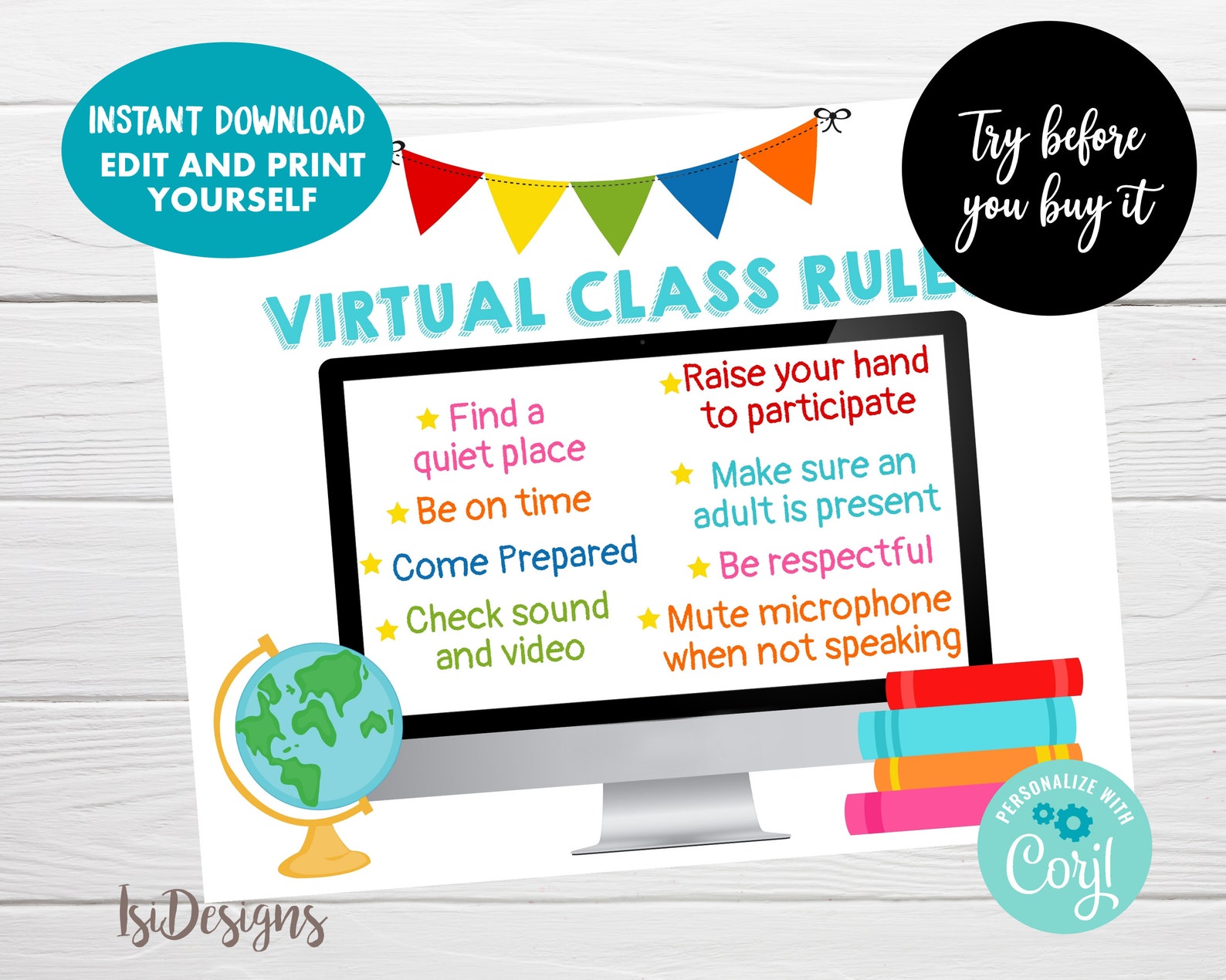 Editable Virtual Class Rules Instant Download Back to School | Etsy