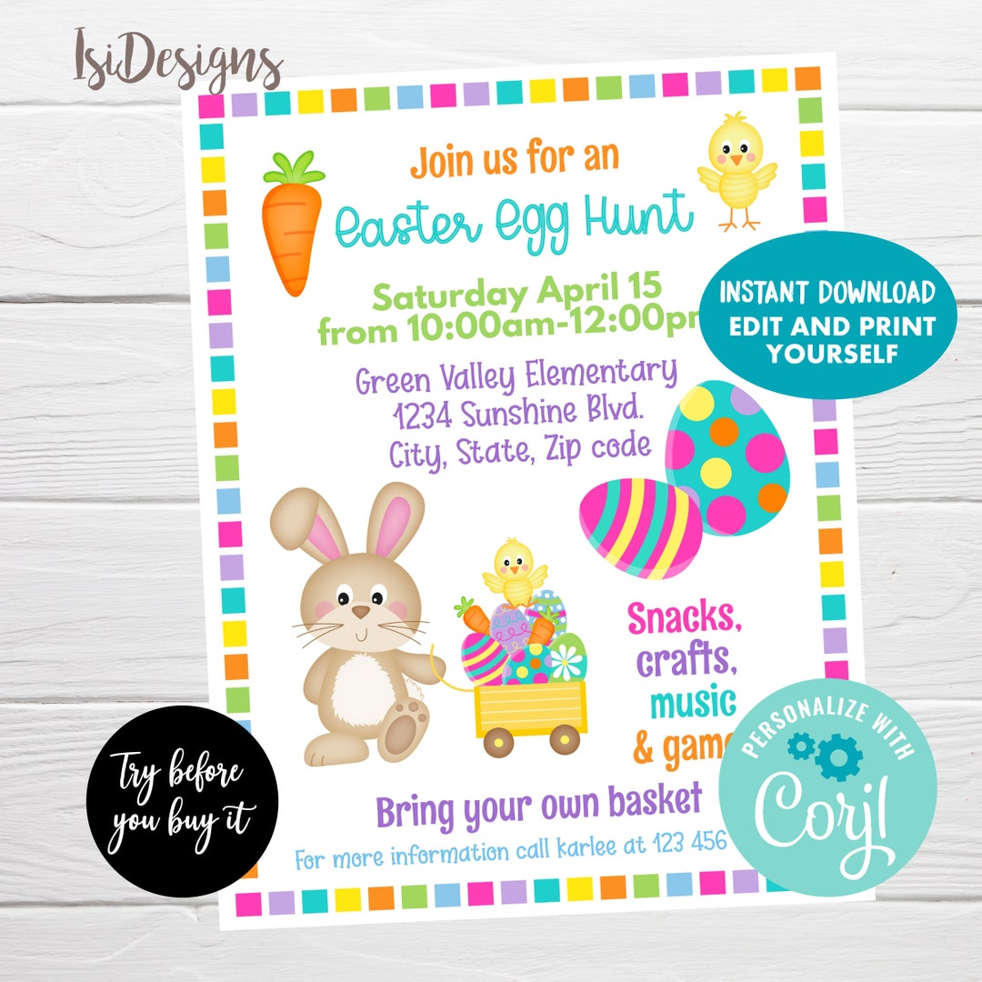 Easter Egg Hunt Flyer, Editable Easter Party Invite, PTA PTO Flyer ...