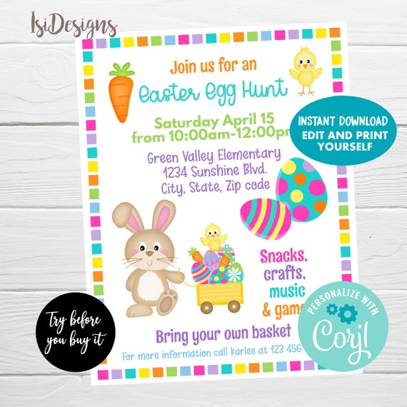 Easter Egg Hunt Flyer Editable Easter Party Invite PTA PTO | Etsy