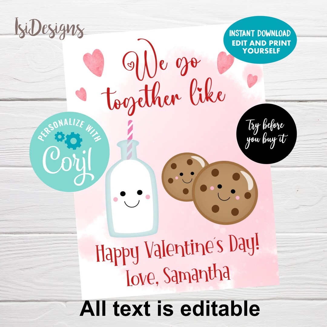 Valentine's Day Gift Tags, We Go Together Tags, Milk and Cookies ...