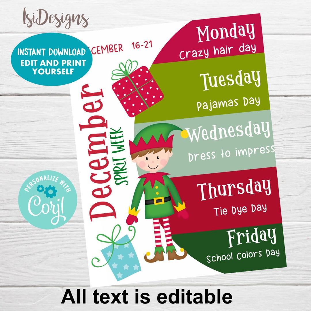 Christmas Spirit Week Editable Itinerary Schedule, December Daily ...