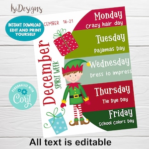 Christmas Spirit Week Editable Itinerary Schedule, December Daily ...
