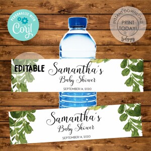 Greenery Editable Water Bottle Labels Foliage Baby Shower | Etsy