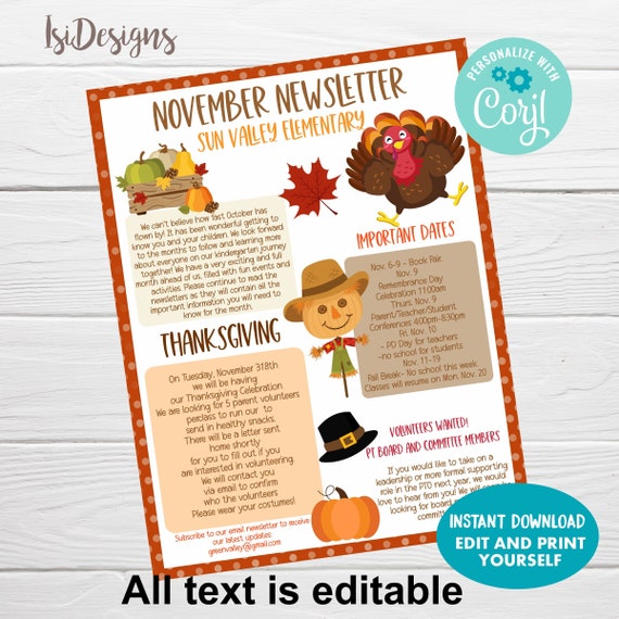 November Newsletter Editable Flyer Template, School Newsletter ...