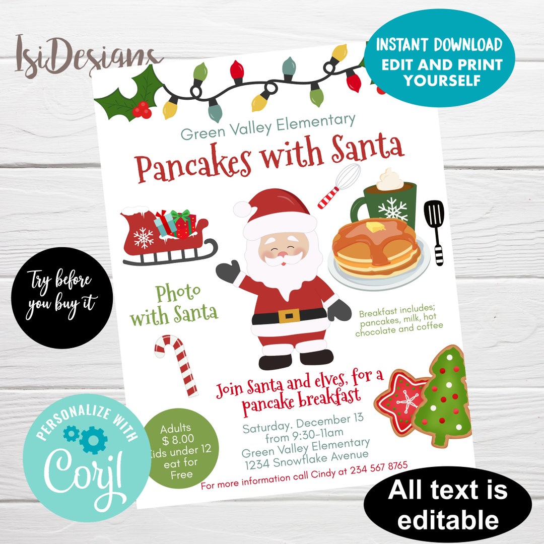 EDITABLE Pancakes With Santa Flyer, Breakfast With Santa Template, Kids ...