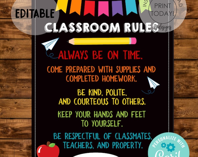 Editable Classroom Rules Poster: Chalkboard Style (digital Download ...