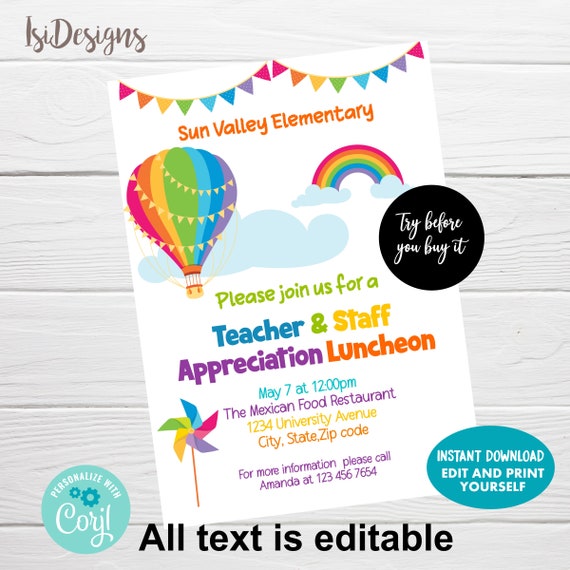 Appreciation Teacher and Staff Luncheon Editable Invitation, Instant ...