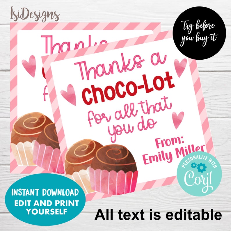 Valentine's Day Chocolate Candy Gift Tags Thanks a - Etsy