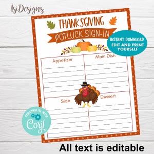 Thanksgiving Potluck Sign up Sheet, Editable Friendsgiving Dinner ...