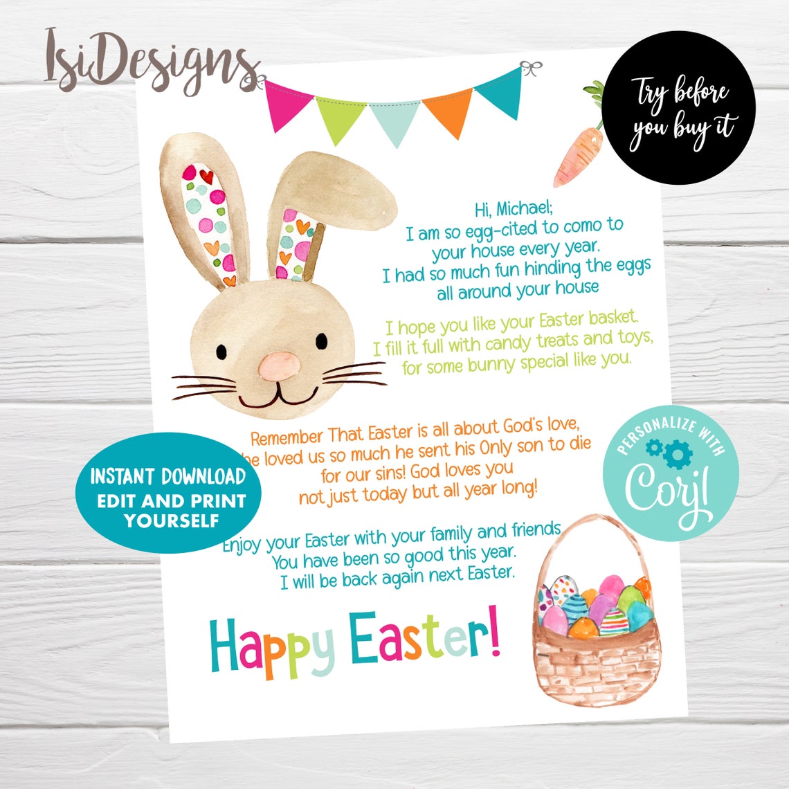 Easter Bunny Editable Letter, Instant Download - Etsy