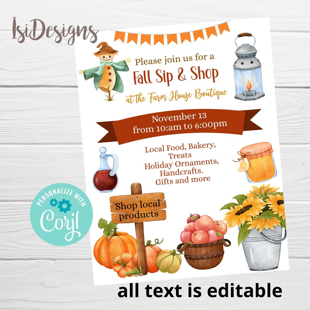 Sip and Shop Fall Fundraiser Event, Holiday Market Invitation, Harvest ...