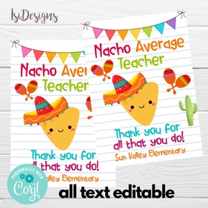Nacho Average Teacher Gift Tag, Editable Appreciation Thank You Tag ...