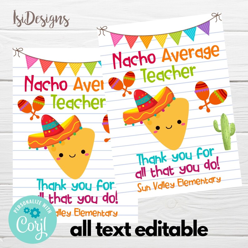 Nacho Average Teacher Gift Tag, Editable Appreciation Thank You Tag ...