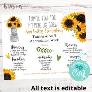 Sunflower-themed Teacher Appreciation Week | Editable Itinerary, Events ...