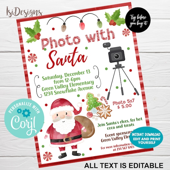Photo with Santa Flyer, Editable Picture with Santa Holiday Event Flyer ...