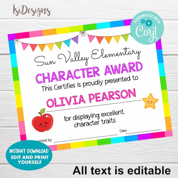 Positive Character Trait Award, Instant Download, Editable Award ...