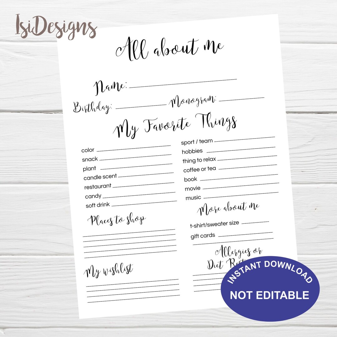 Favorite Things Questionnaire, Teacher Survey, Instant Download ...