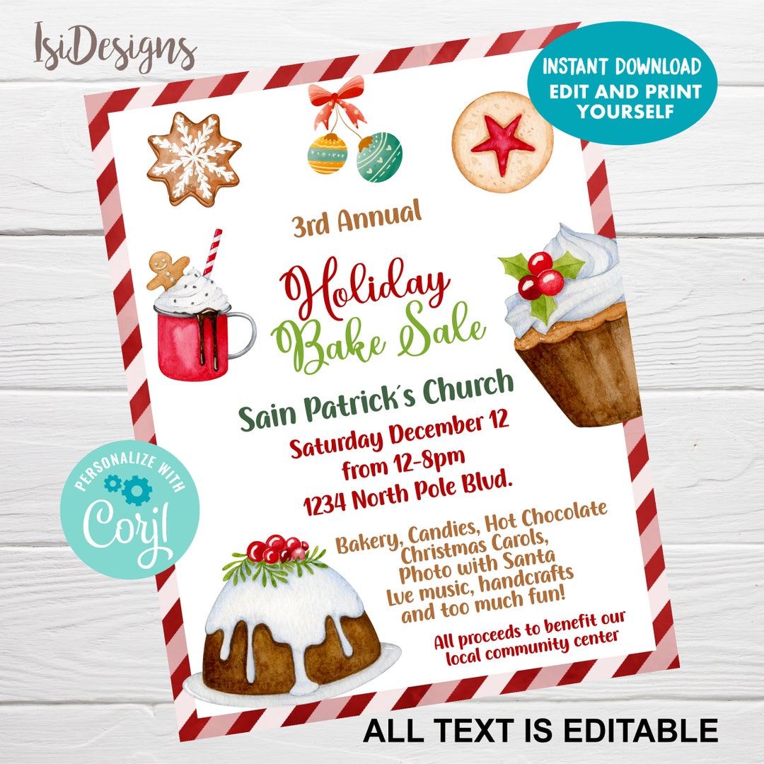 Holiday Bake Sale Flyer, Editable Christmas Fundraiser Flyer Template ...
