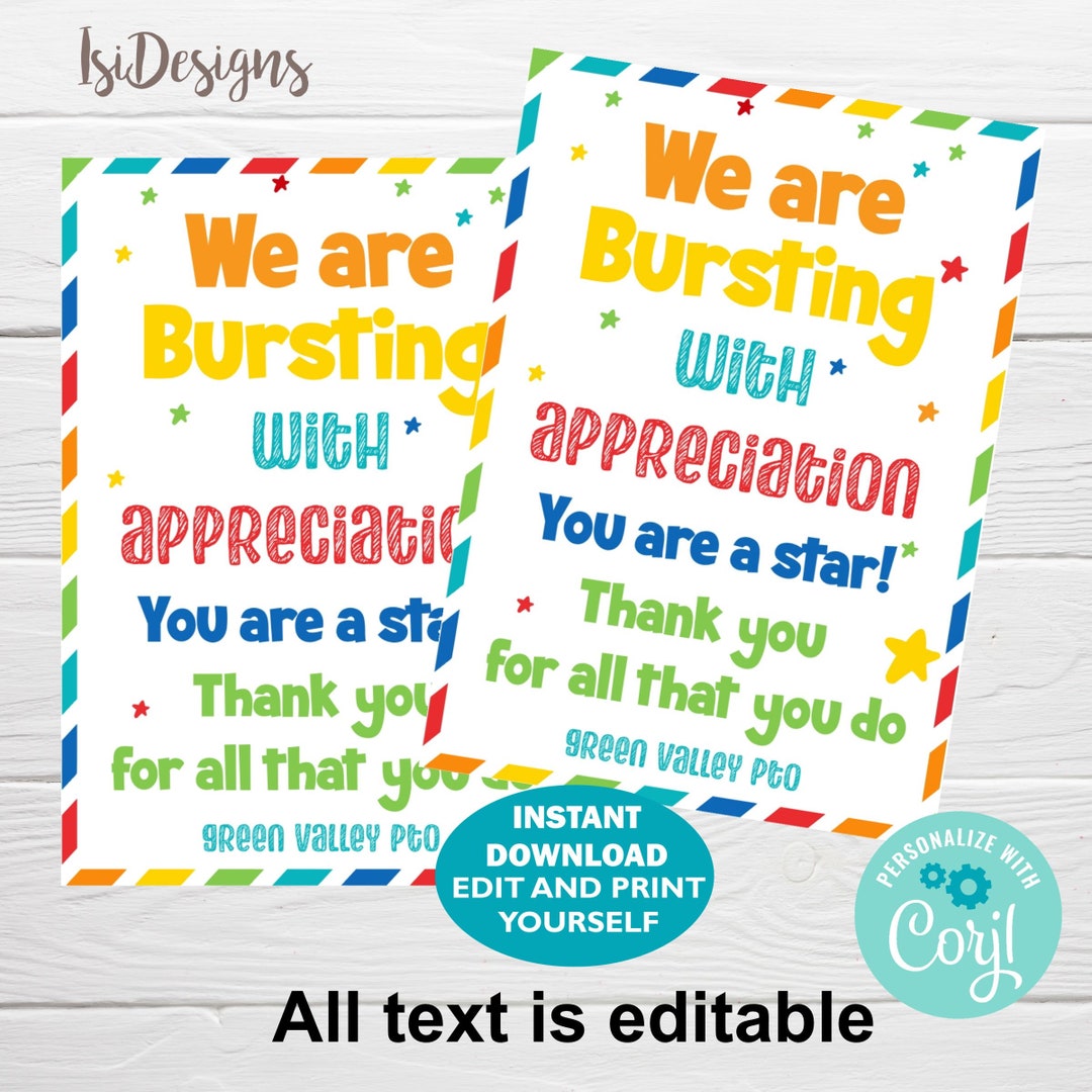 Bursting With Appreciation Gift Tag, Teacher Nurse Staff Editable Favor ...