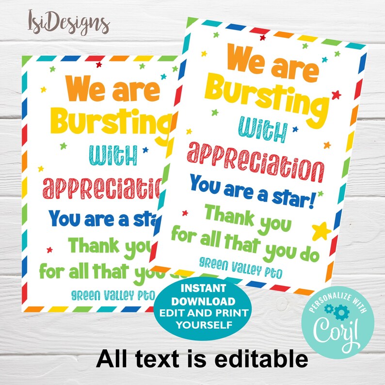 Bursting With Appreciation Gift Tag, Teacher Nurse Staff Editable Favor ...