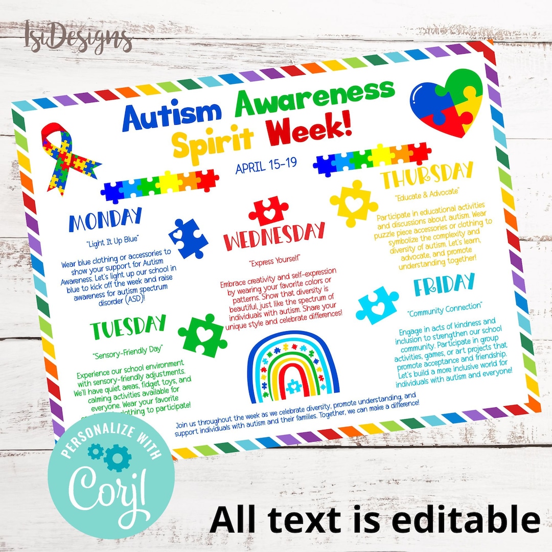 Autism Awareness Spirit Week Editable Flyer, Autism Awareness ...