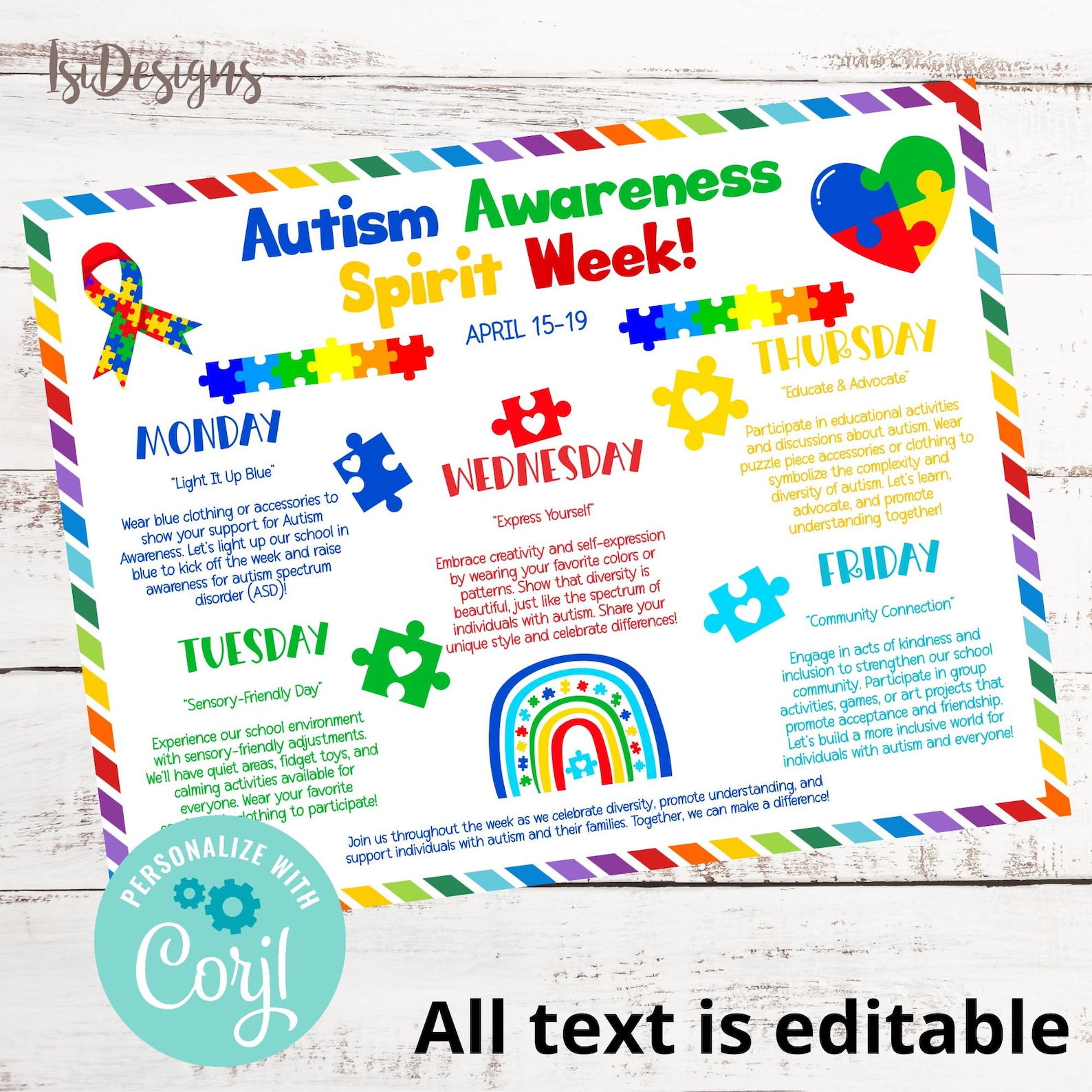 Autism Awareness Spirit Week Editable Flyer, Autism Awareness ...