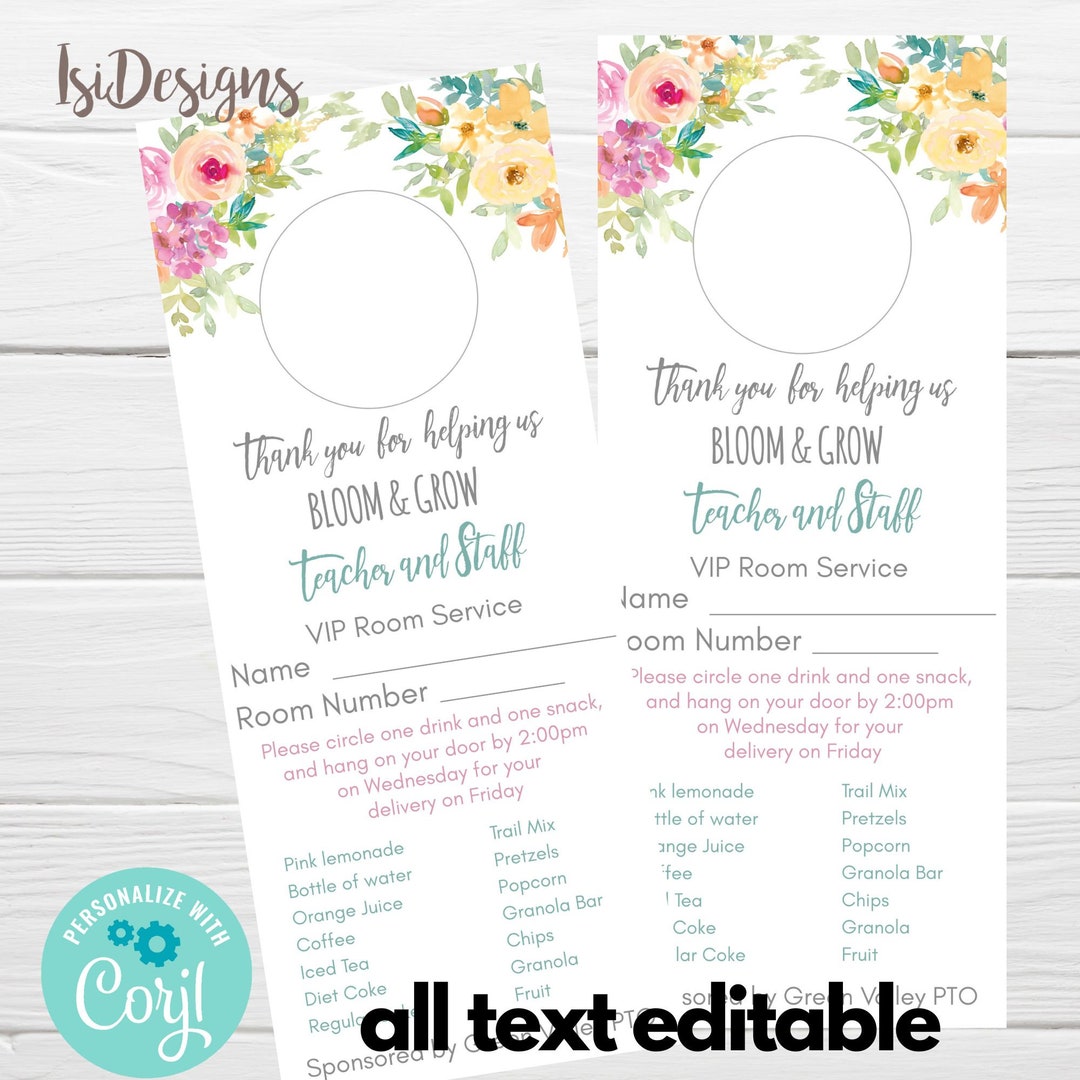 VIP Room Service Door Hanger, Teacher Appreciation Week, Editable ...