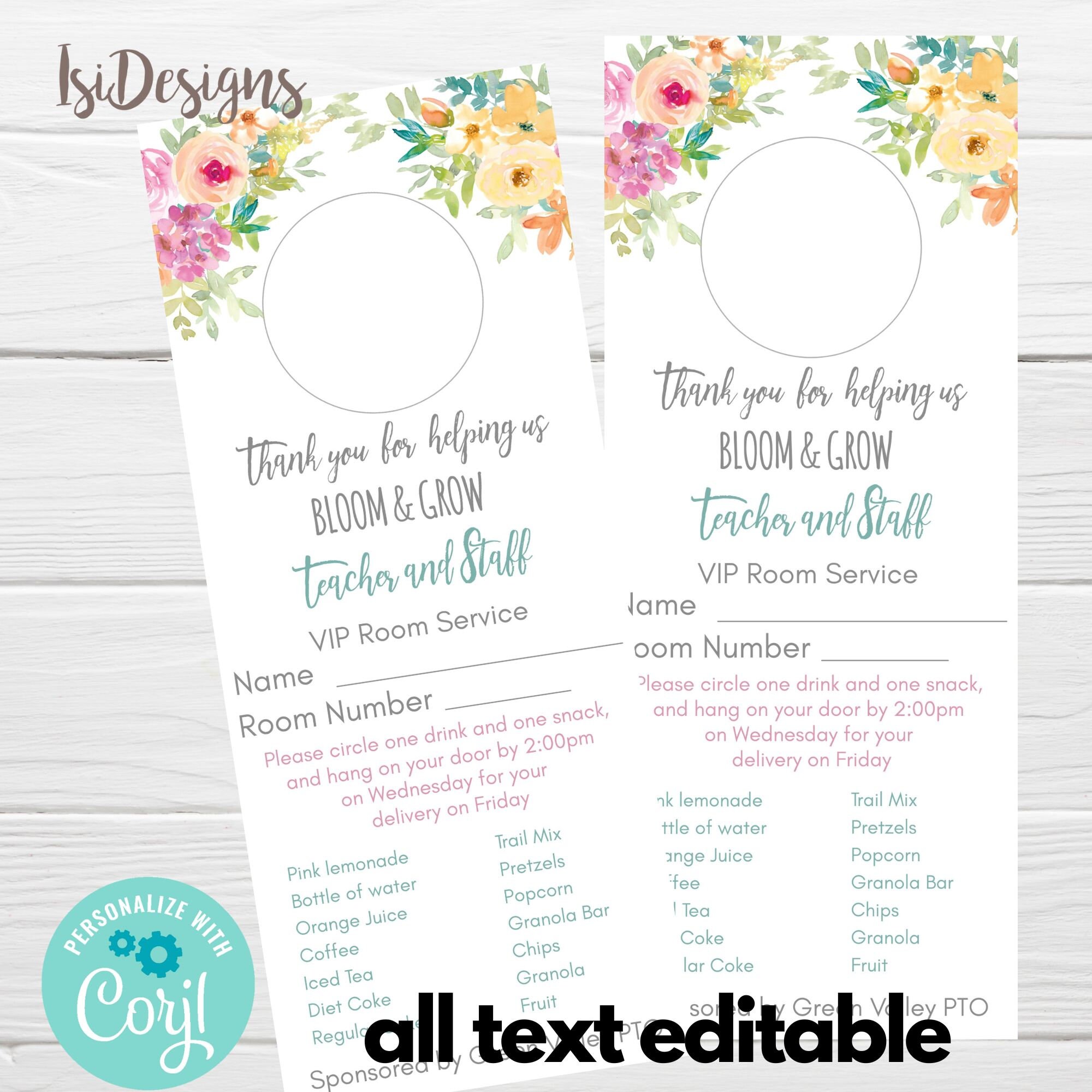 VIP Room Service Door Hanger, Teacher Appreciation Week, Editable ...
