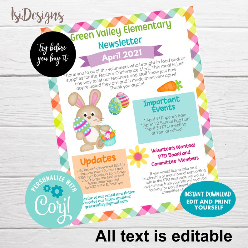 April PTO PTA Editable Newsletter, April Flyer Template, School ...