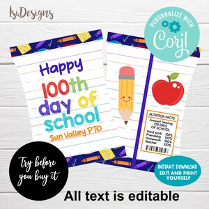Happy 100th Day of School Chip Bag, Instant Download, PTO/PTA Editable ...
