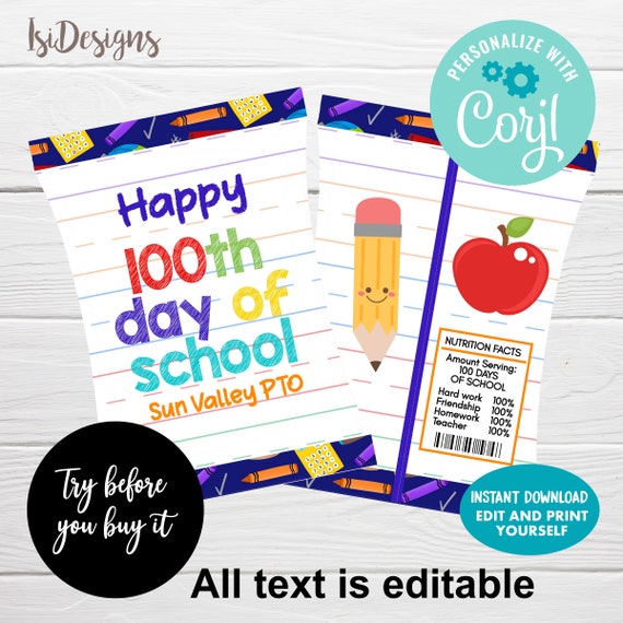 Happy 100th Day Of School Chip Bag Instant Download Pto Pta Editable