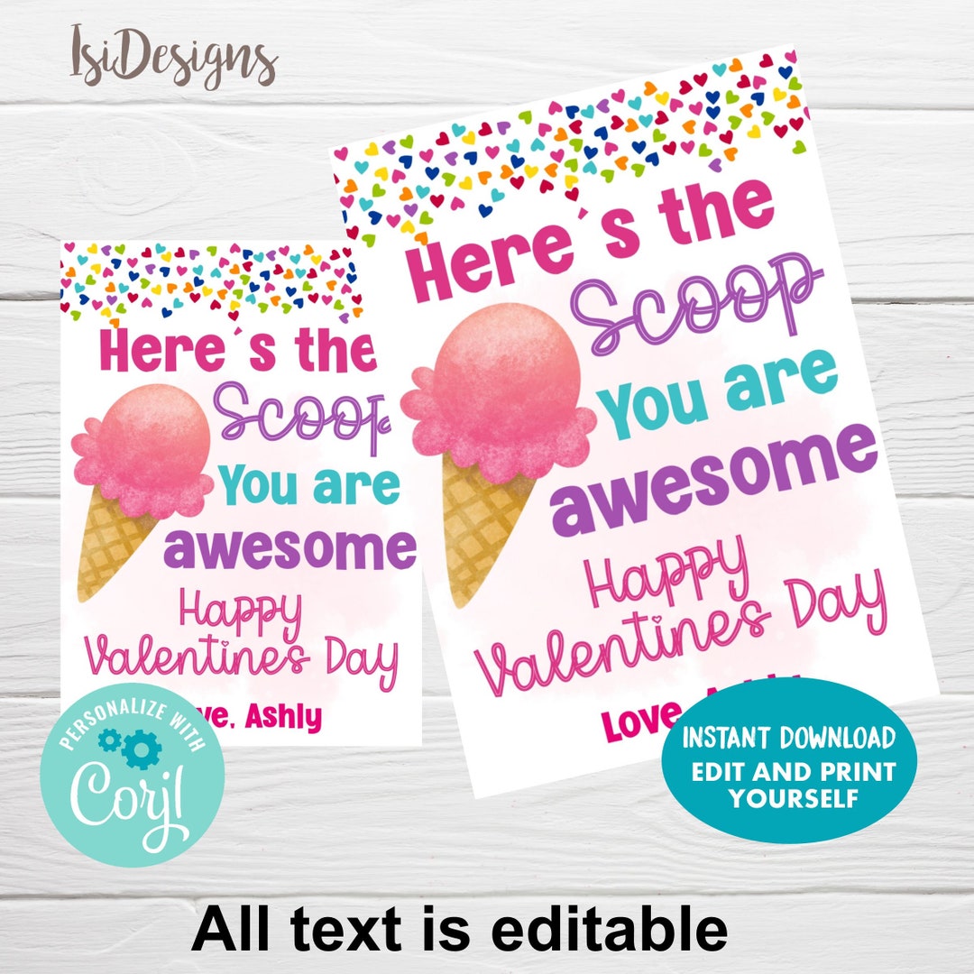 Here's the Scoop You're Are Awesome Gift Tags, Editable Valentine ...