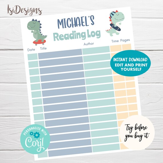 Editable Reading Log Printable, Dinosaurs Reading Log for Kids, Reading ...