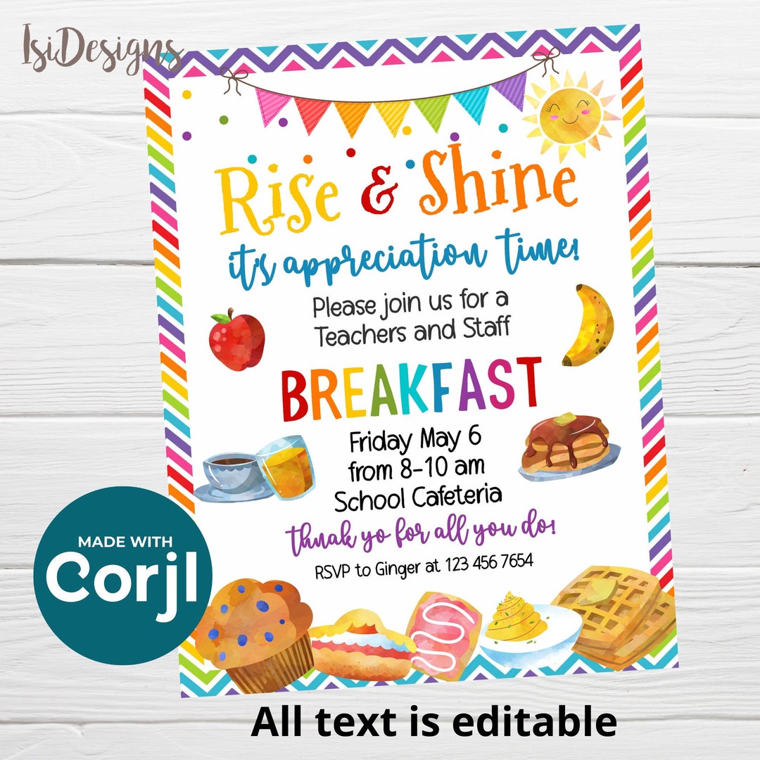 Editable Rise and Shine Breakfast Appreciation Invitation, Breakfast ...