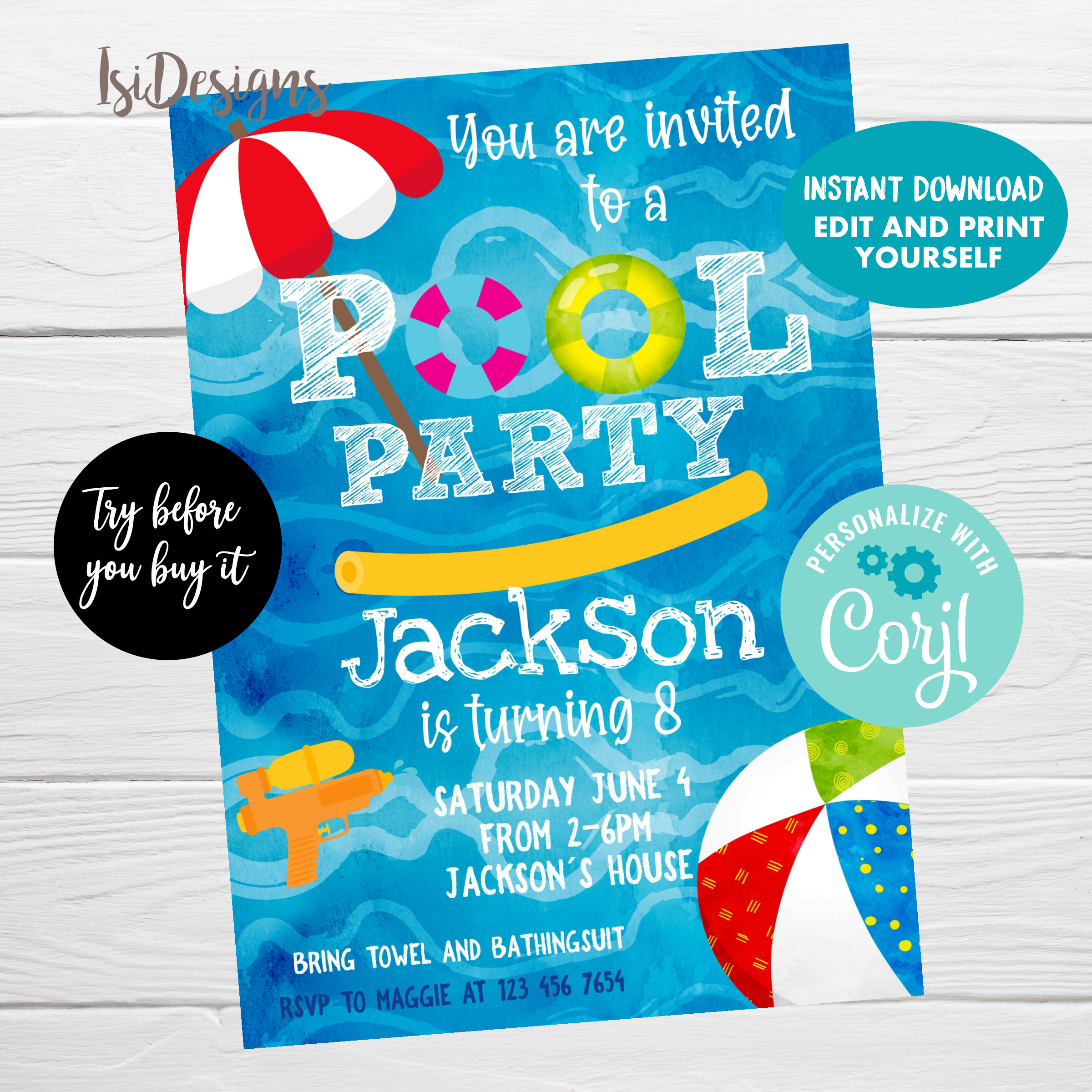 Pool Party Invitation, Editable Swimming Birthday Invite, Instant ...
