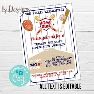 Baseball Appreciation Luncheon Invitation, Editable PTA / PTO School ...