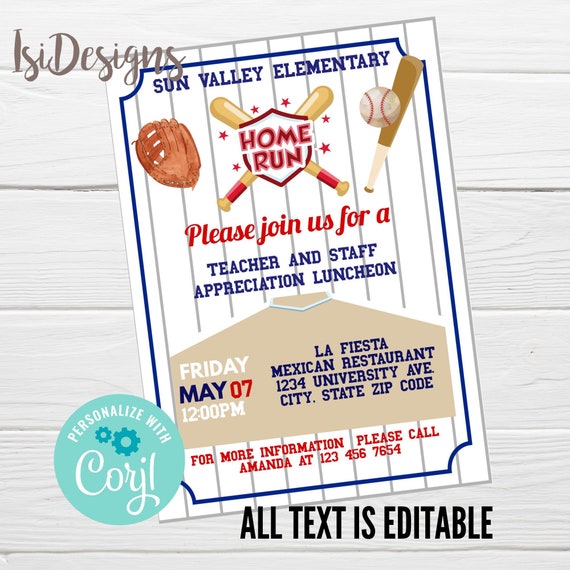 Baseball Appreciation Luncheon Invitation, Editable PTA / PTO School ...